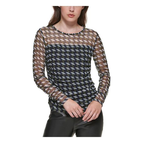 Dkny | Tops | Dkny Womens Navy Ruched Sheer Mesh Long Sleeve Crew Neck ...